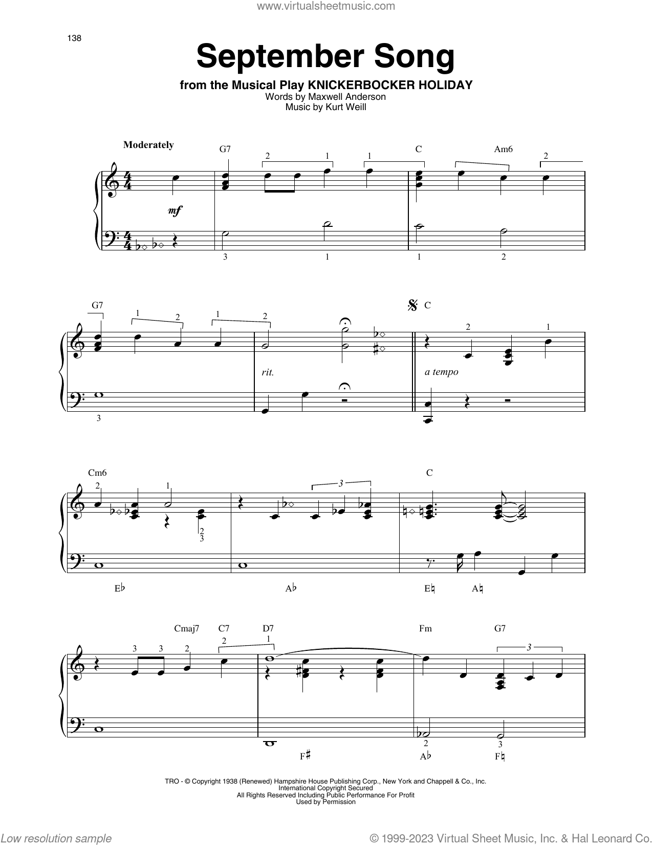 September Song sheet music for harp solo (PDF)