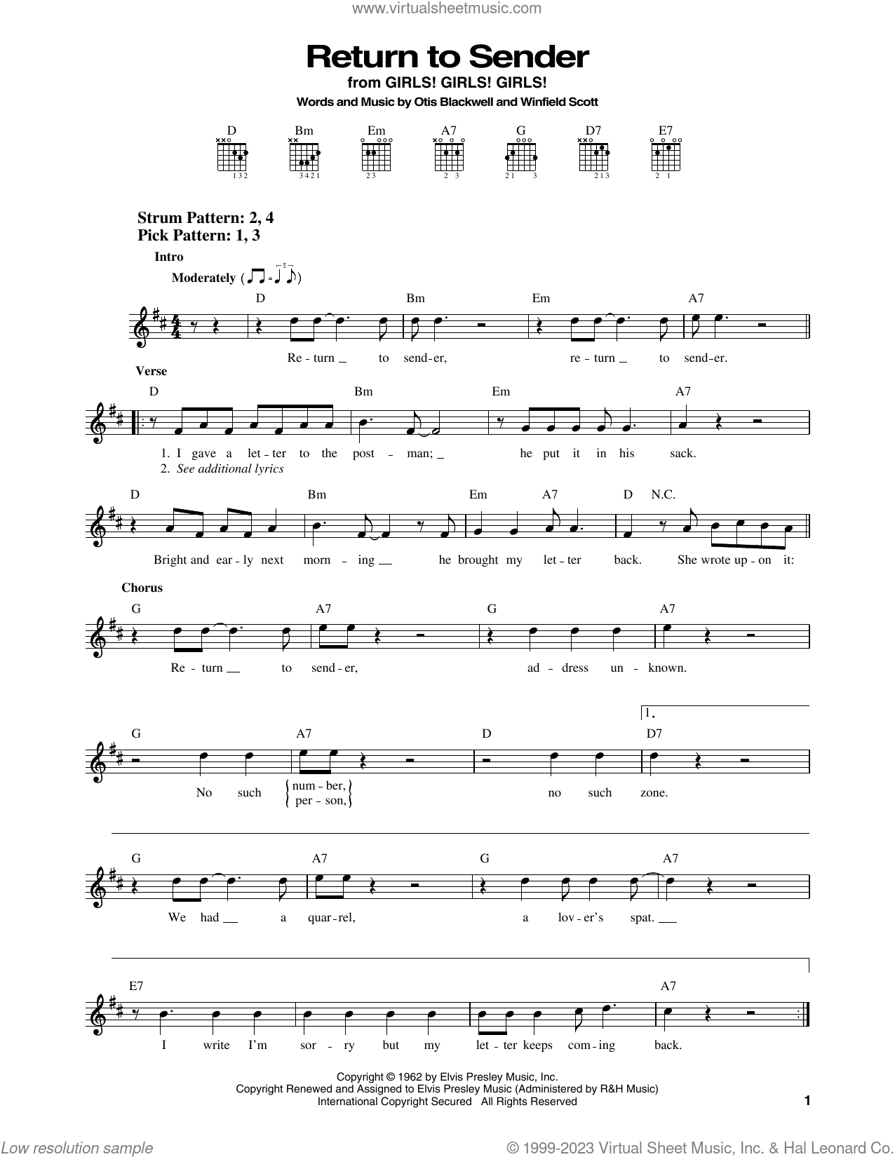 Return To Sender sheet music for guitar solo (chords) (PDF)