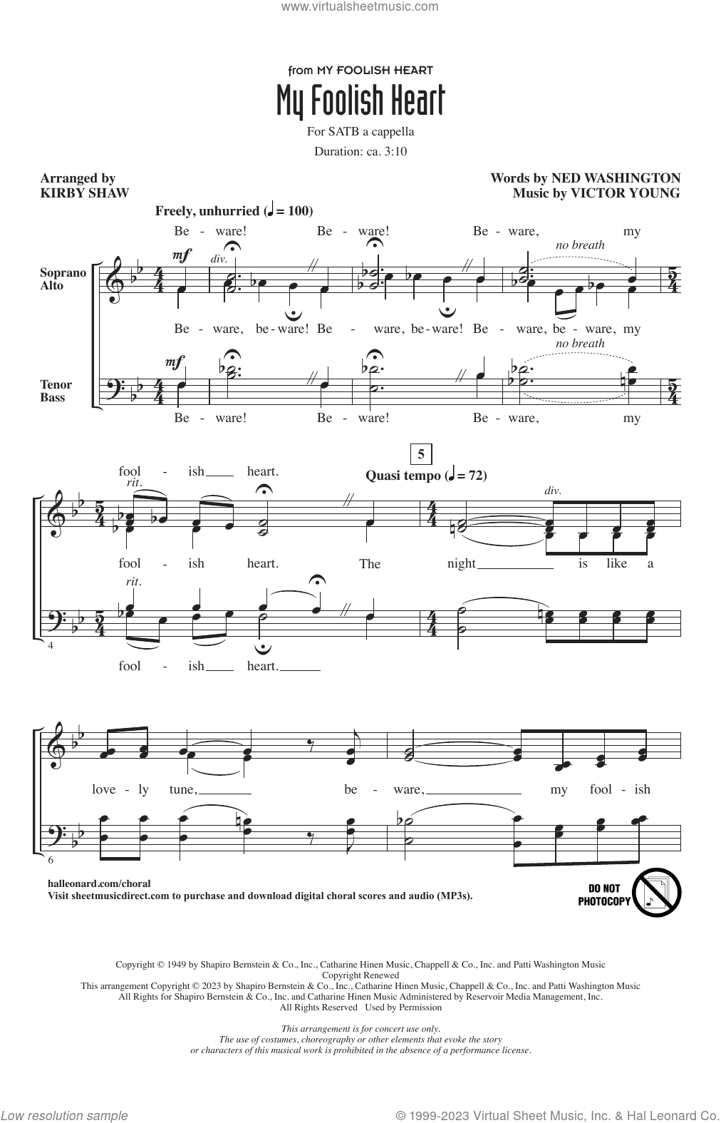 My Foolish Heart (arr. Kirby Shaw) sheet music for choir (SATB: soprano ...