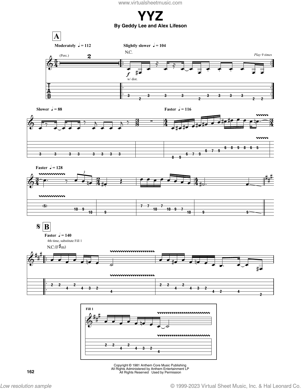 YYZ sheet music for guitar (tablature, play-along) (PDF)