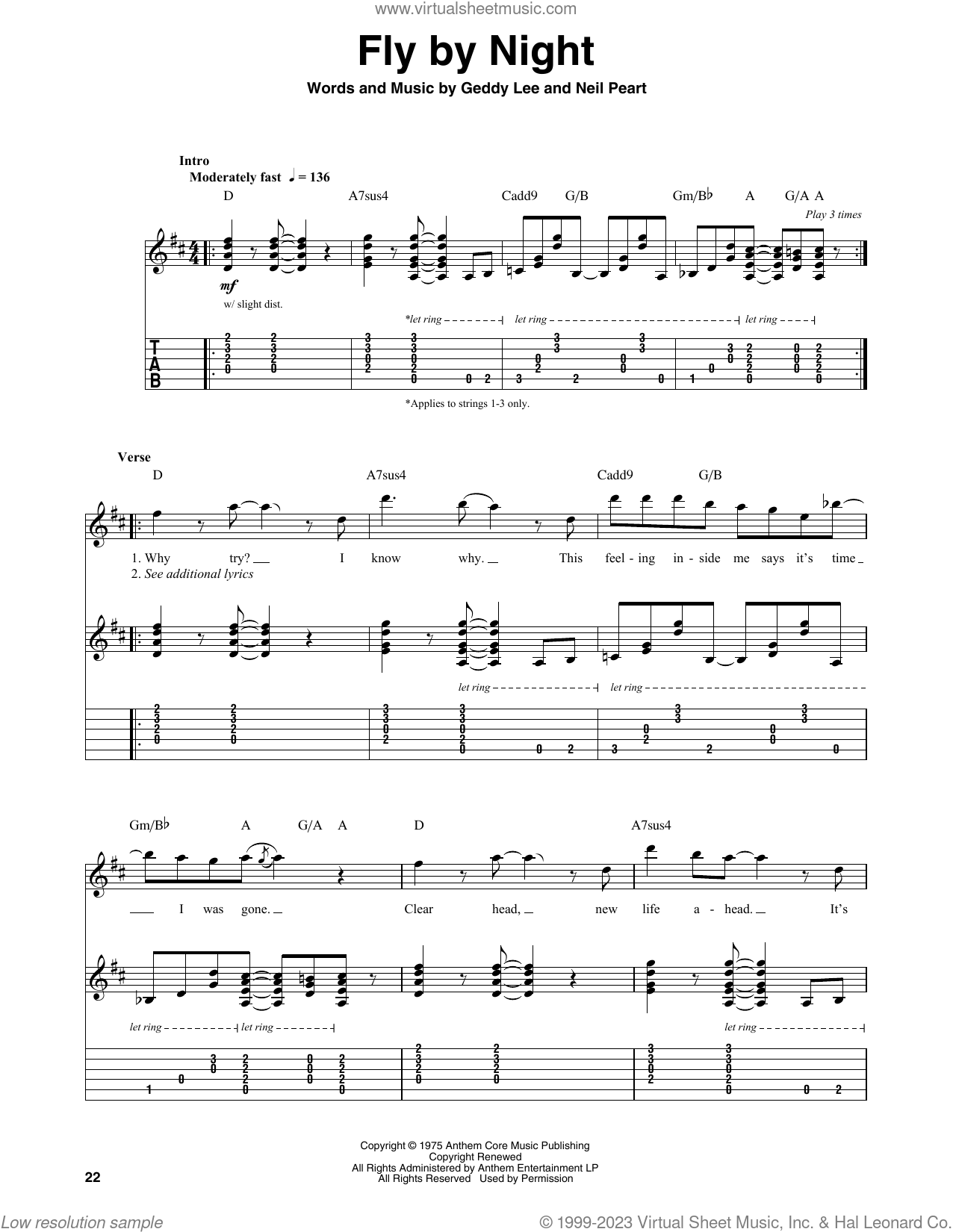 Fly By Night sheet music for guitar (tablature, play-along) (PDF)