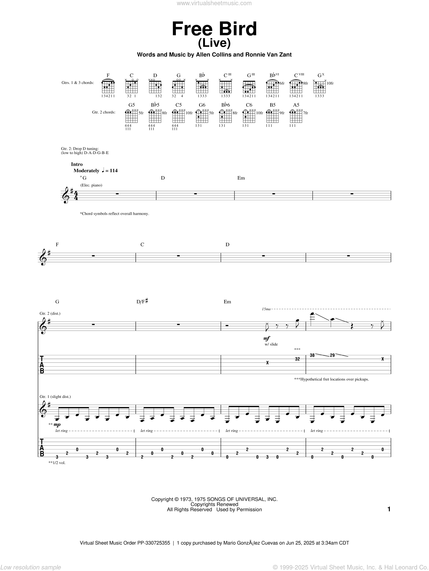 Free Bird sheet music for guitar (tablature) (PDF)