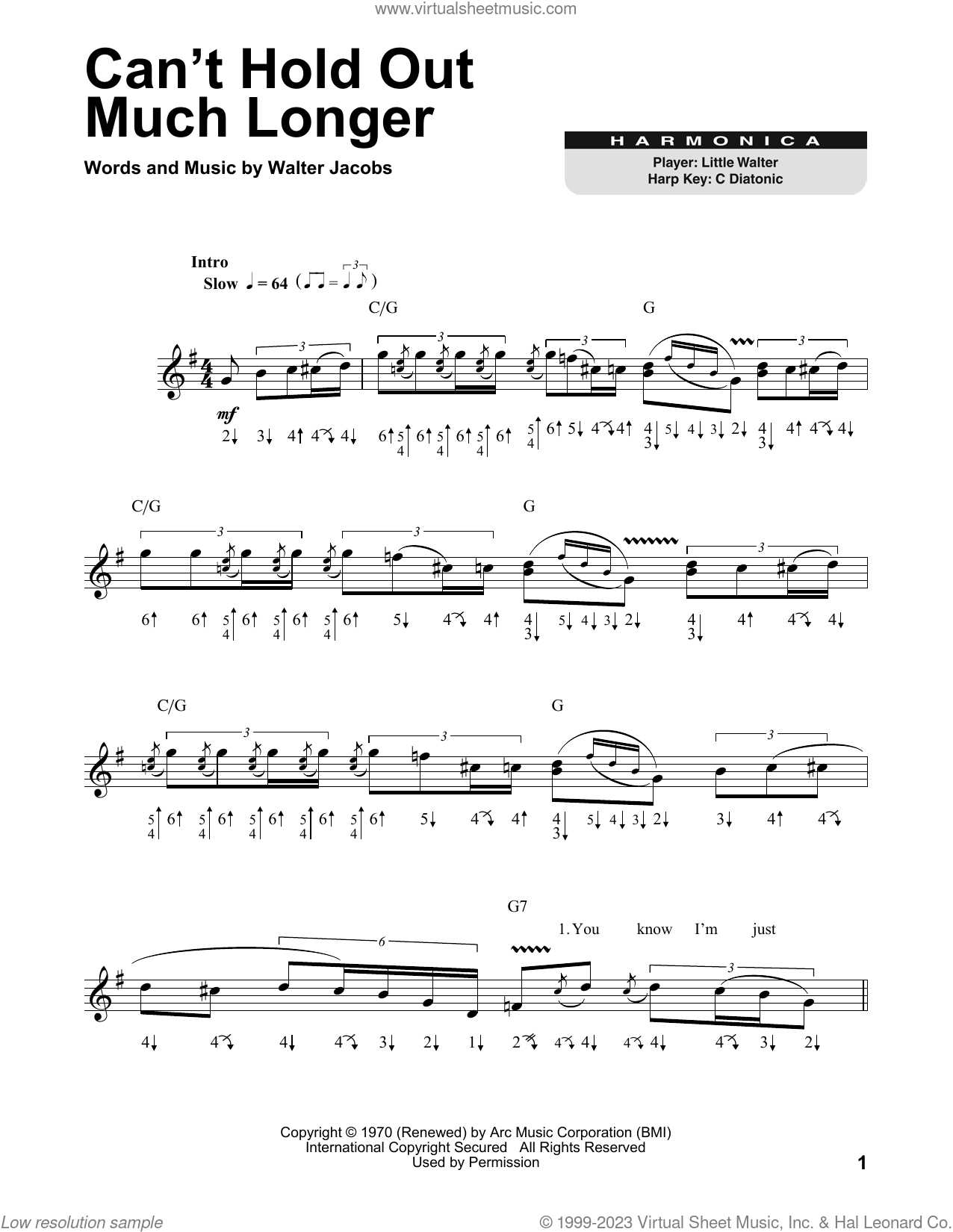 Can't Hold Out Much Longer sheet music for harmonica solo (PDF)