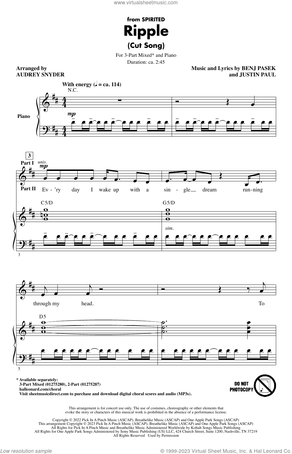 Ripple (Cut Song) (from Spirited) (arr. Audrey Snyder) sheet music for ...