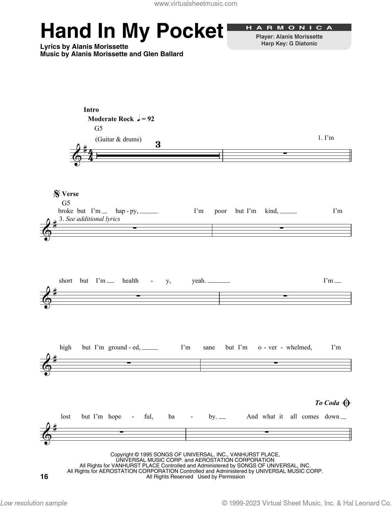 Hand In My Pocket sheet music for harmonica solo (PDF)
