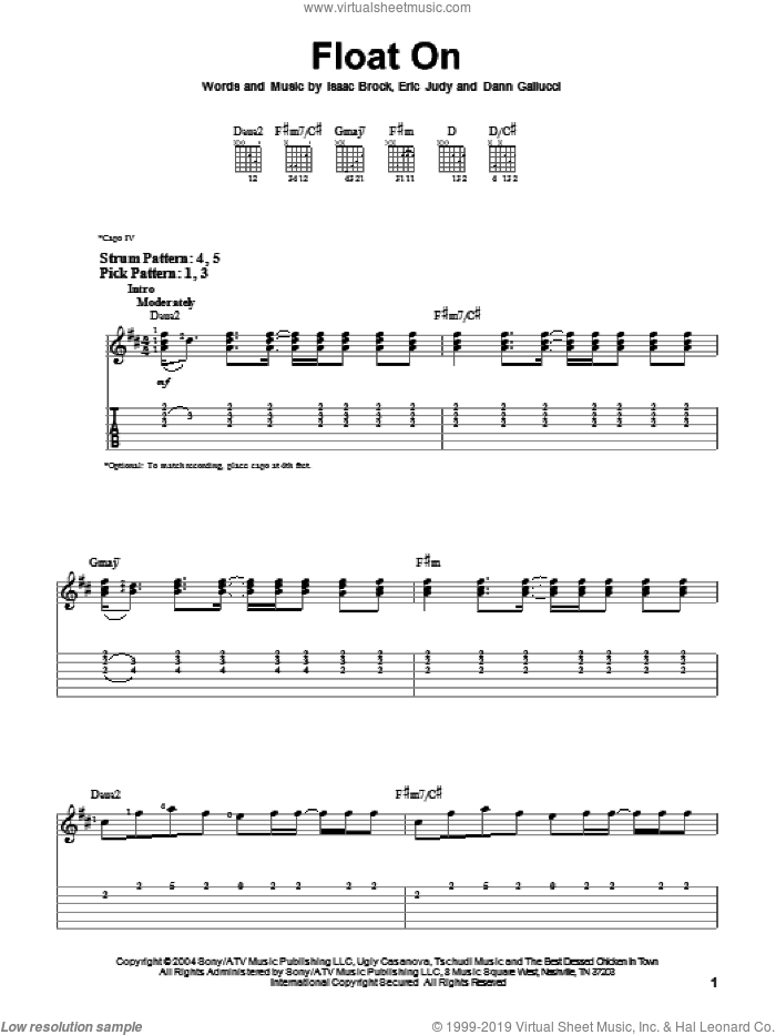 Float On sheet music (easy) for guitar solo (easy tablature)