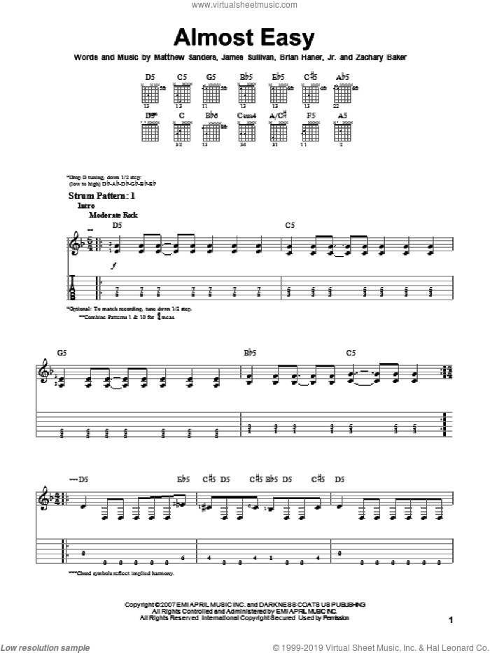 Almost Easy sheet music for guitar solo (easy tablature) (PDF)