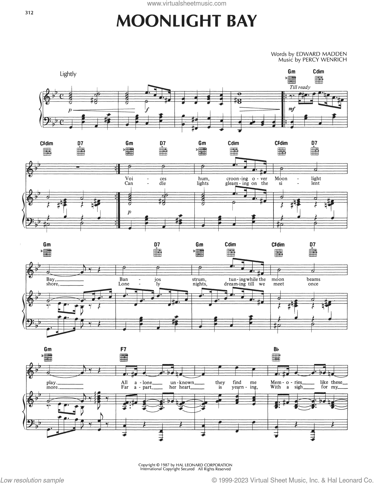 Moonlight Bay sheet music for voice, piano or guitar (PDF)