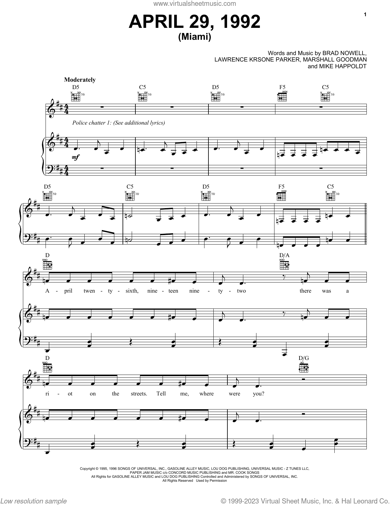 April 29, 1992 (Miami) sheet music for voice, piano or guitar