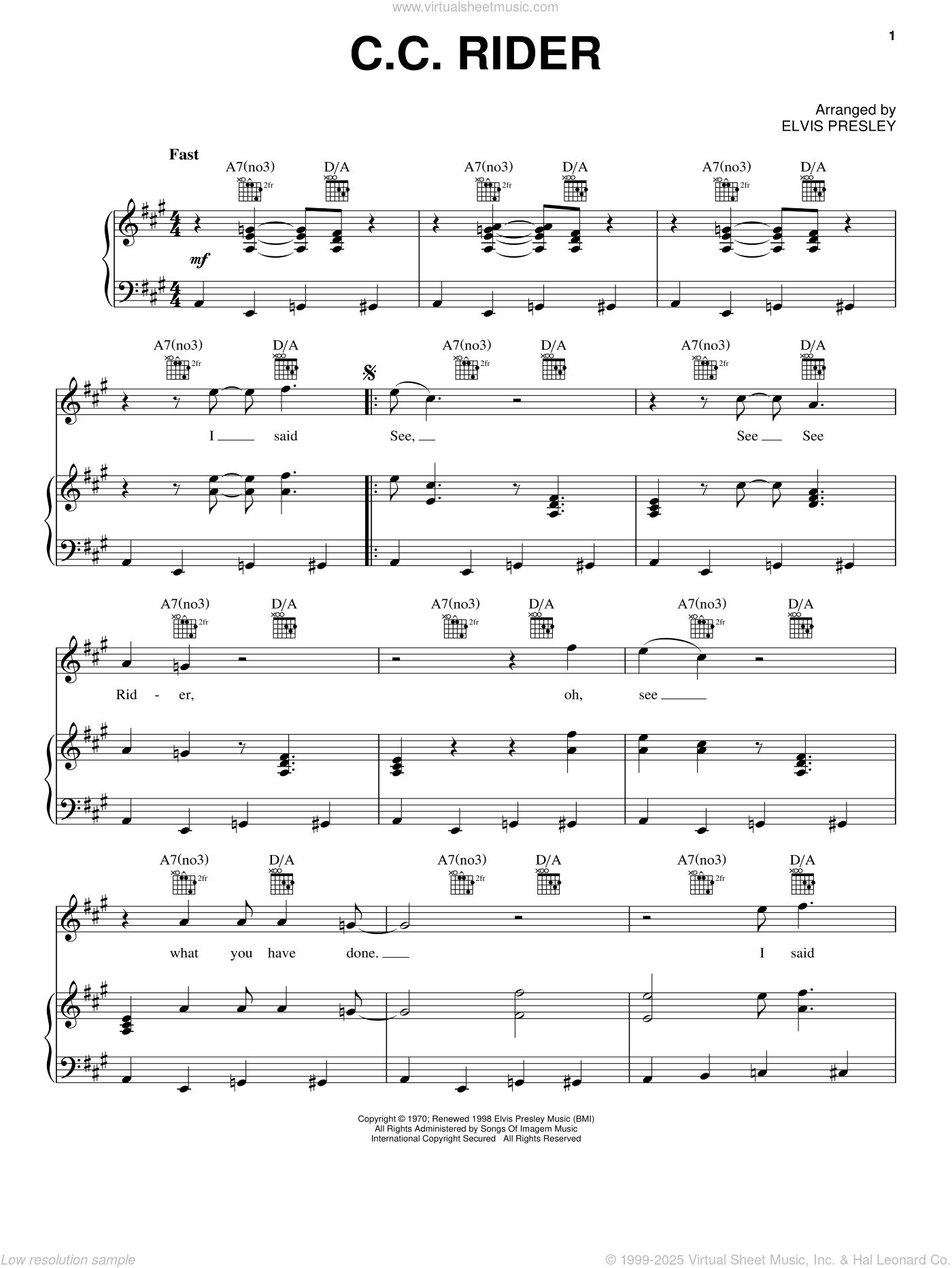 C.C. Rider sheet music for voice, piano or guitar (PDF)