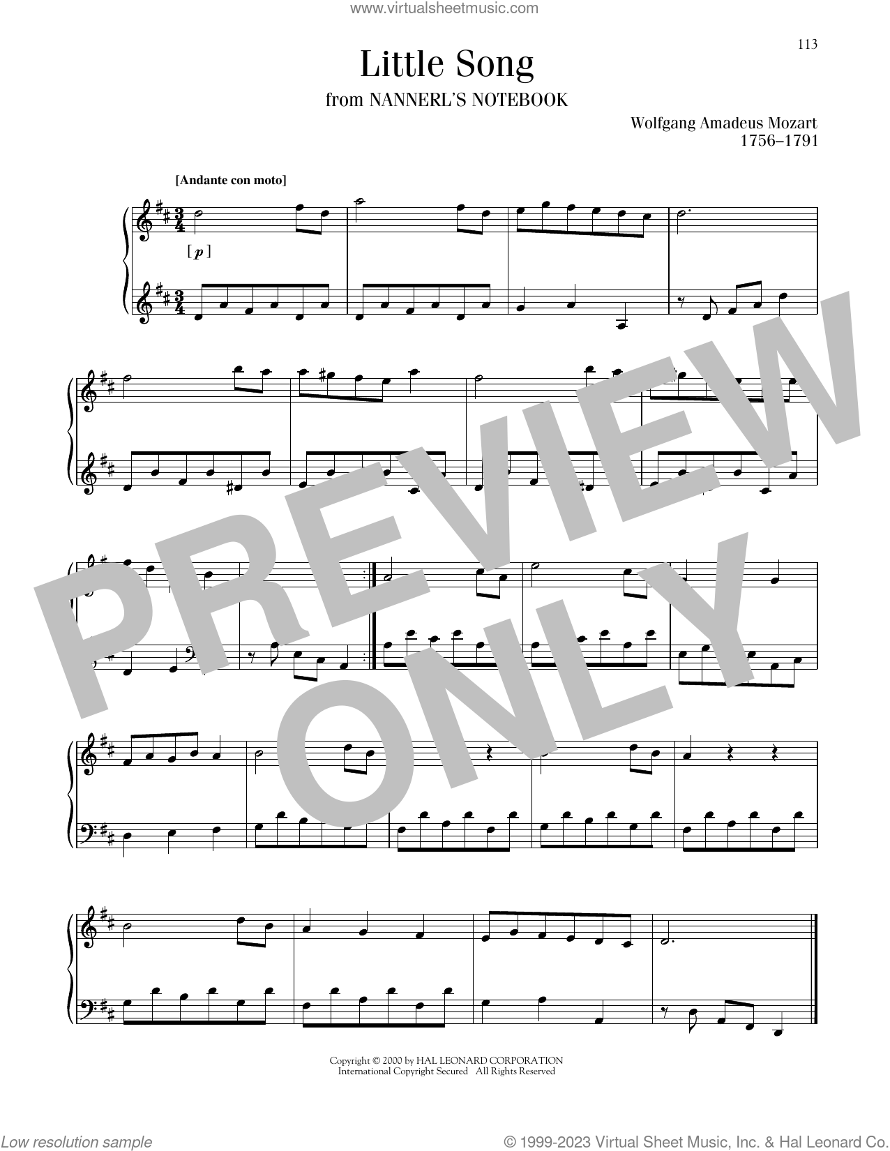 Wolfgang Amadeus Mozart: Little Song sheet music for piano solo