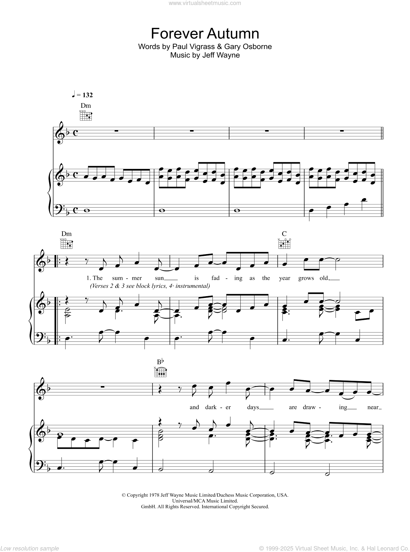 Forever Autumn sheet music for voice, piano or guitar (PDF)