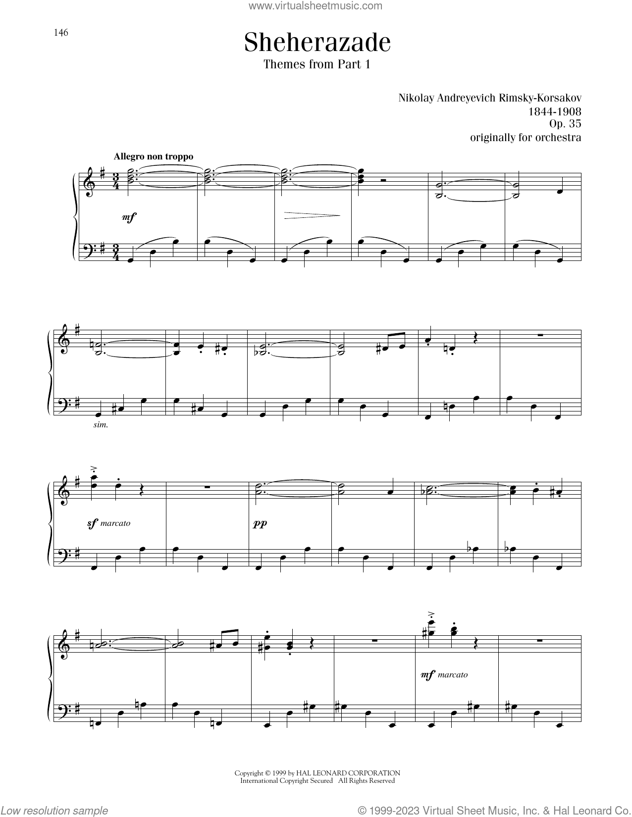 Sheherazade, Themes from Part 1 sheet music for piano solo (PDF)