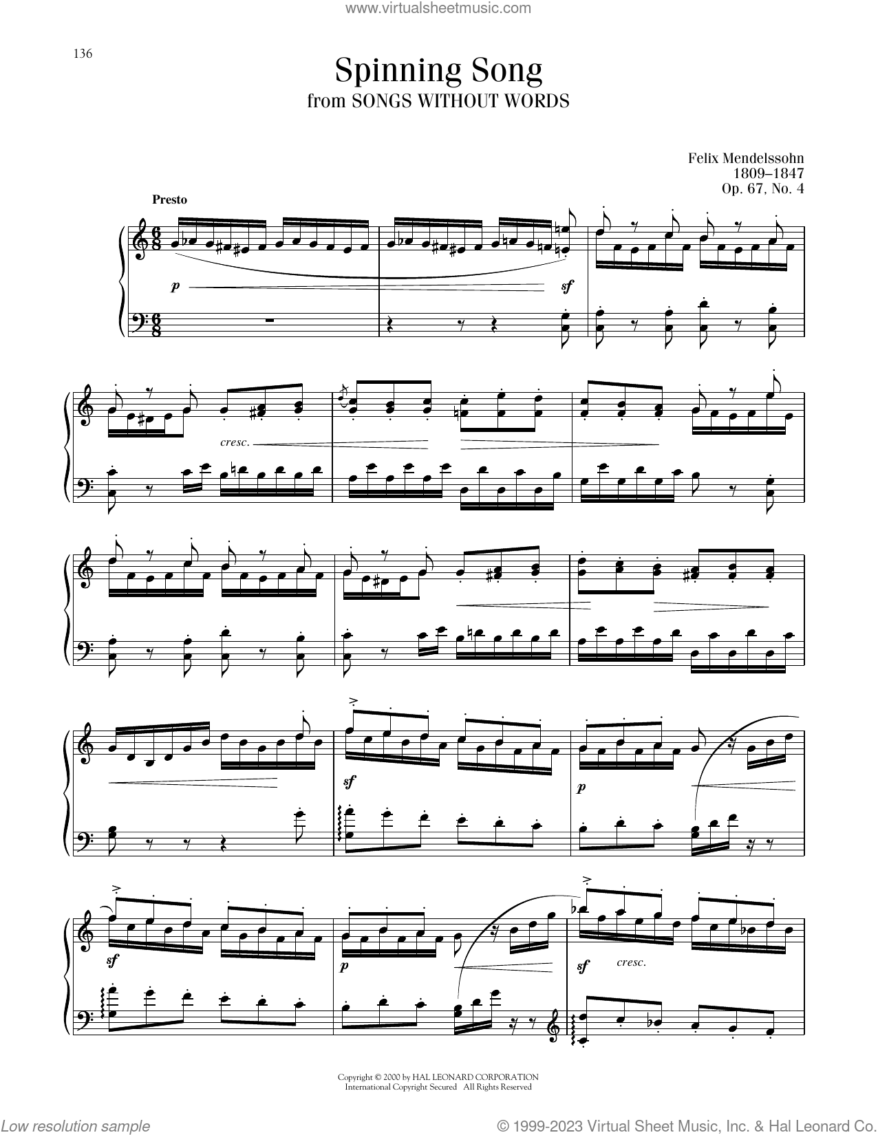 Felix Mendelssohn-Bartholdy: Spinning Song sheet music for piano solo