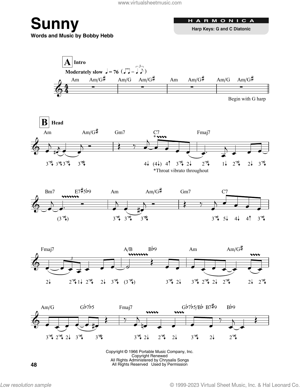 Sunny sheet music for harmonica solo (PDF)