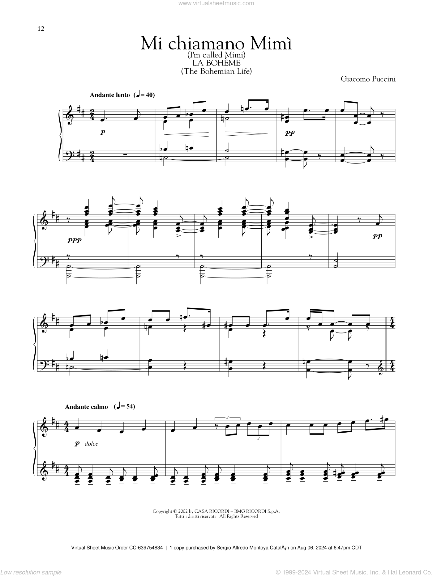 Mi Chiamano Mimi sheet music for piano solo (PDF)