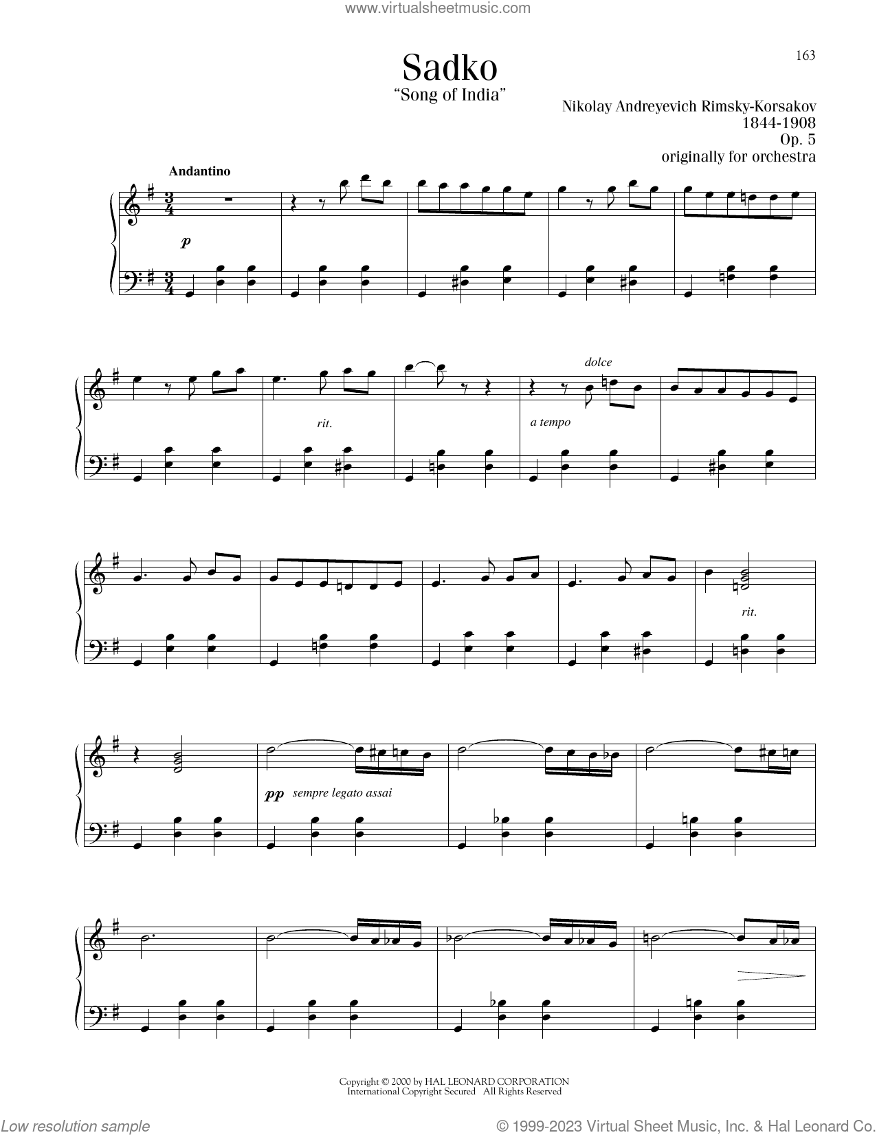 Song Of India sheet music for piano solo (PDF)