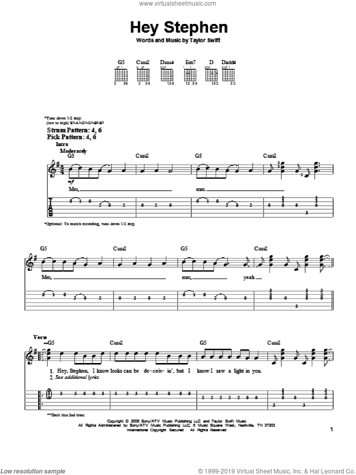 Hey Stephen sheet music for guitar solo (easy tablature) (PDF)