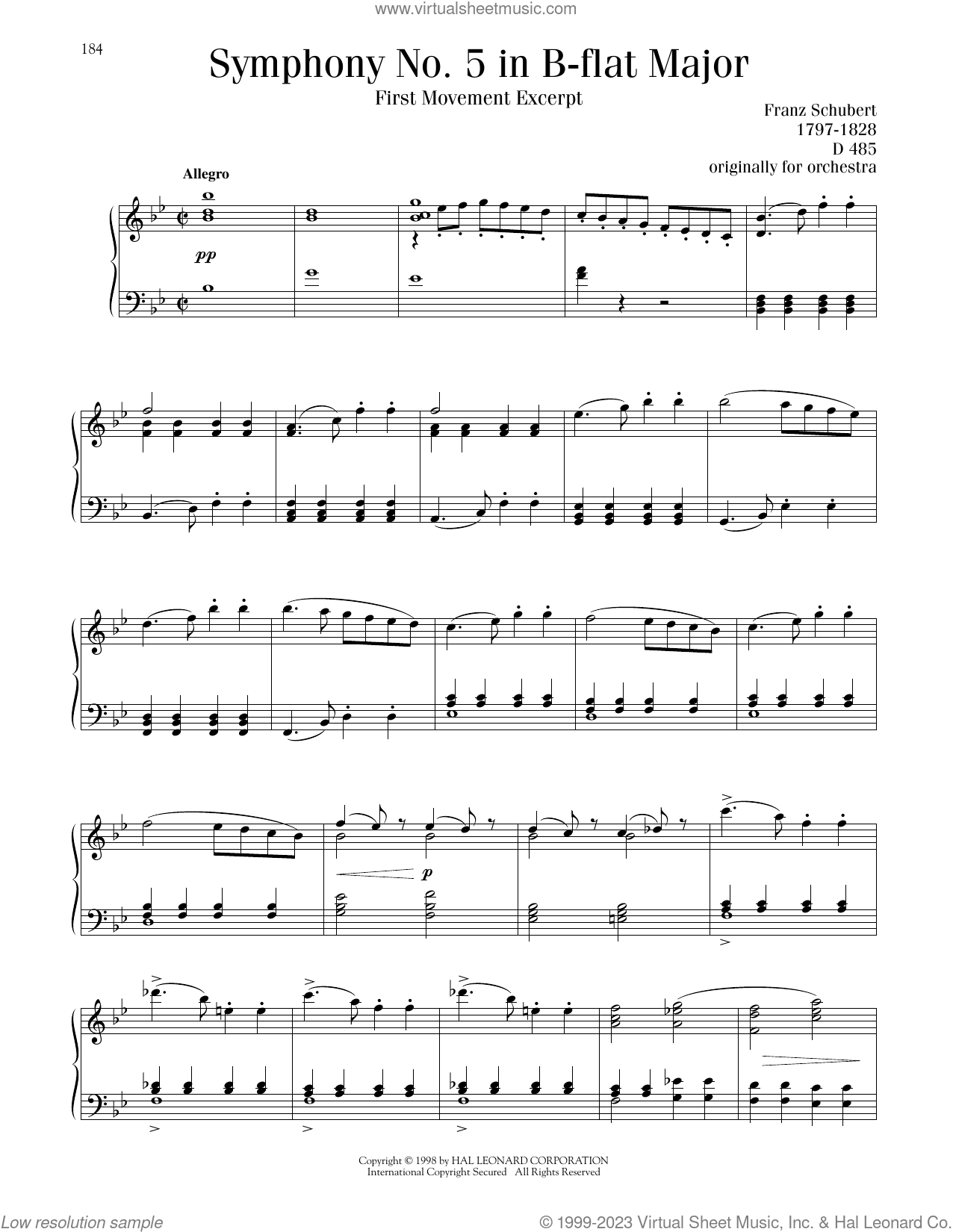 Symphony No. 5 in B-flat Major, First Movement Excerpt sheet music for ...