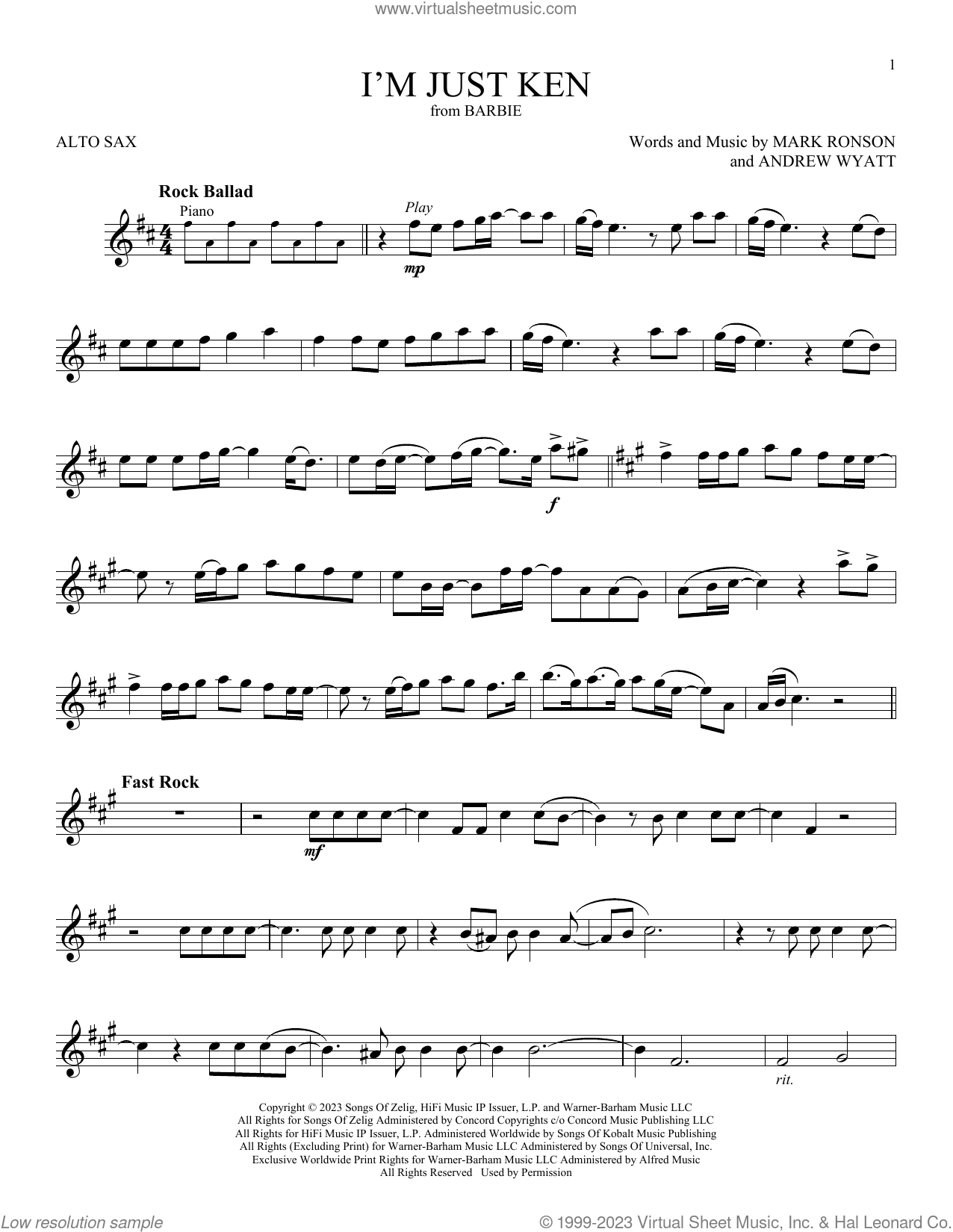 I'm Just Ken (from Barbie) sheet music for alto saxophone solo