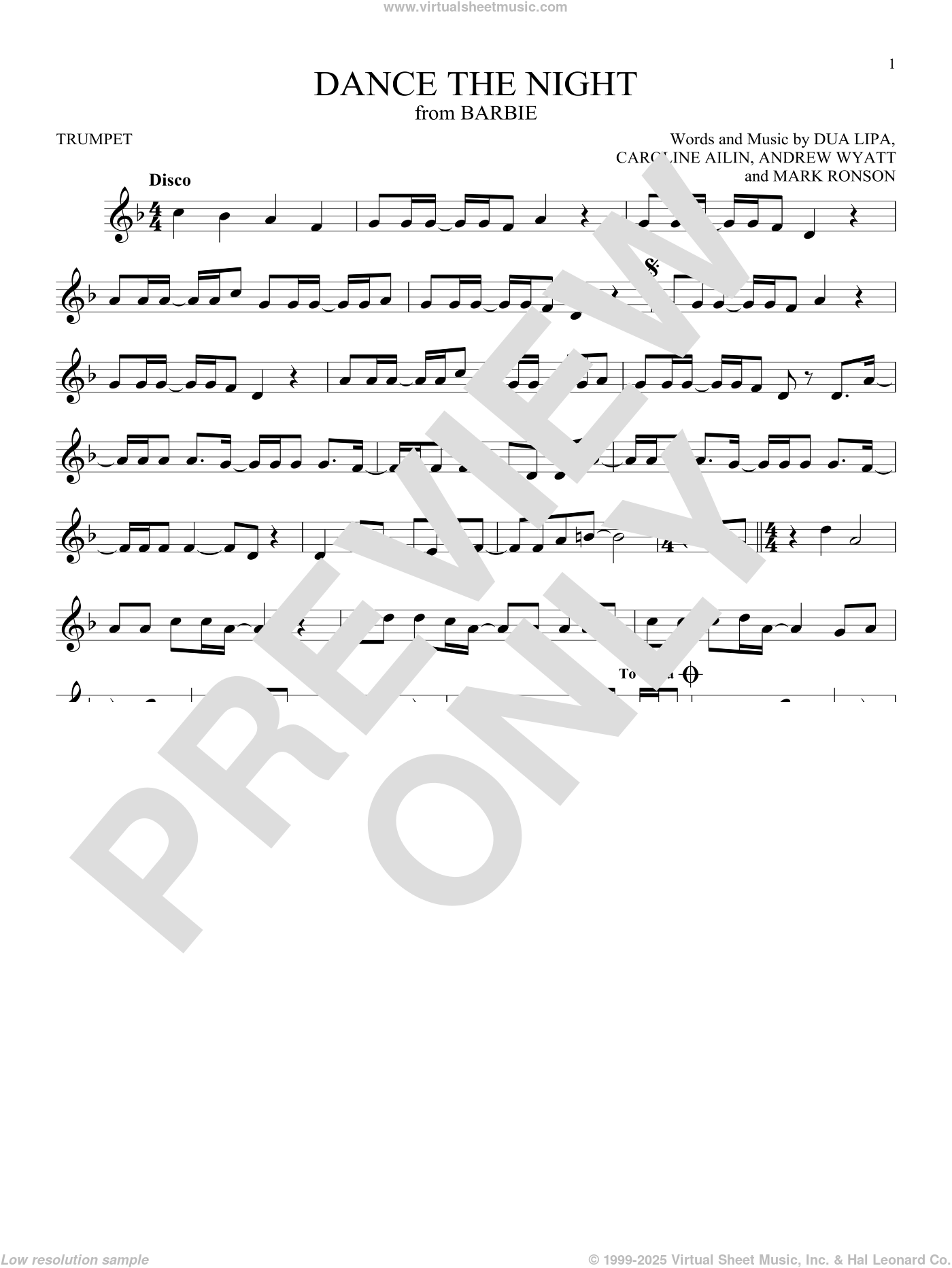 Dance The Night (from Barbie) sheet music for trumpet solo (PDF)