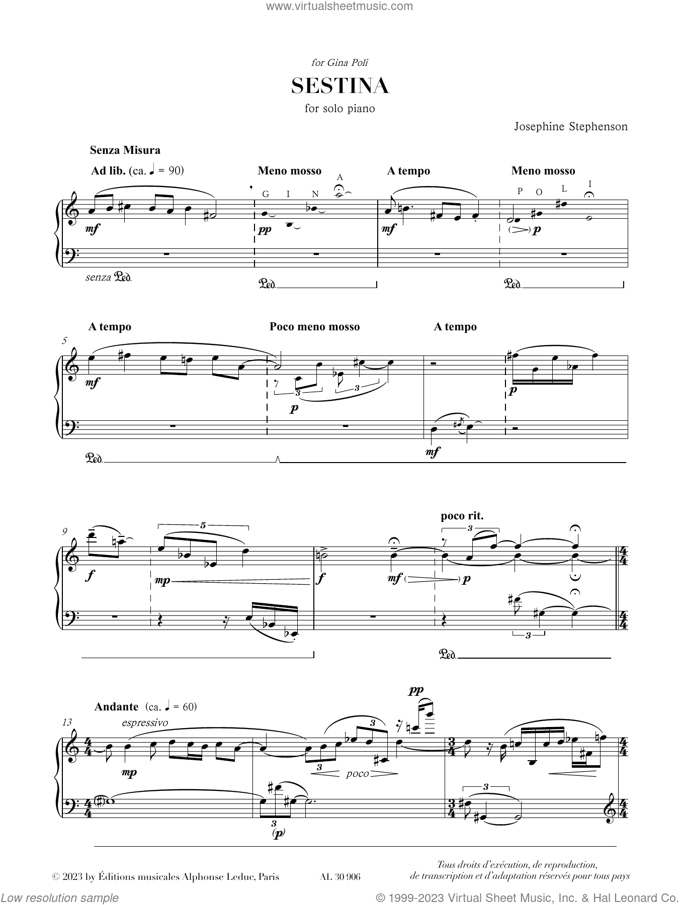 Sestina sheet music for piano solo (PDF)