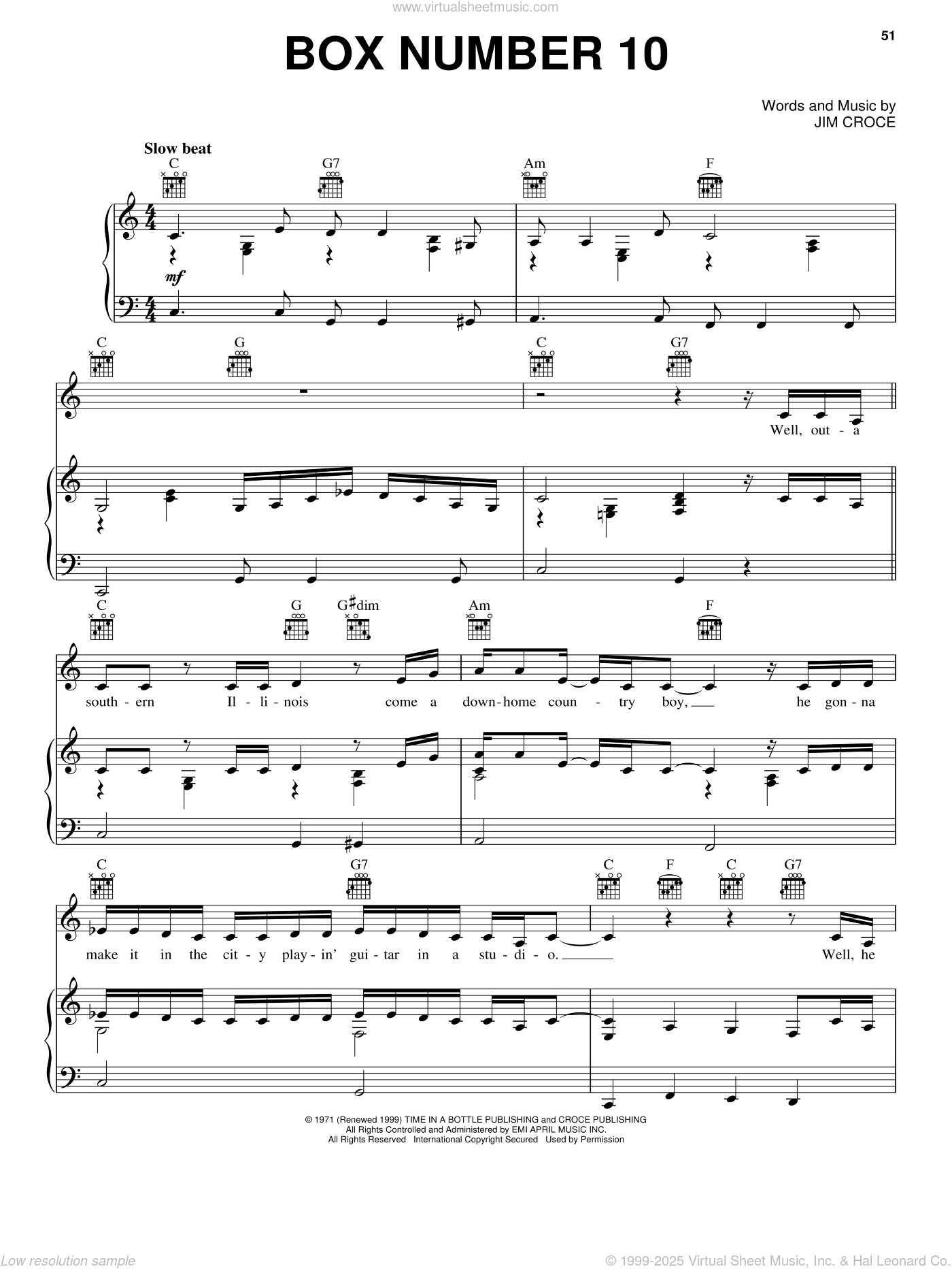 Box Number 10 sheet music for voice, piano or guitar (PDF)