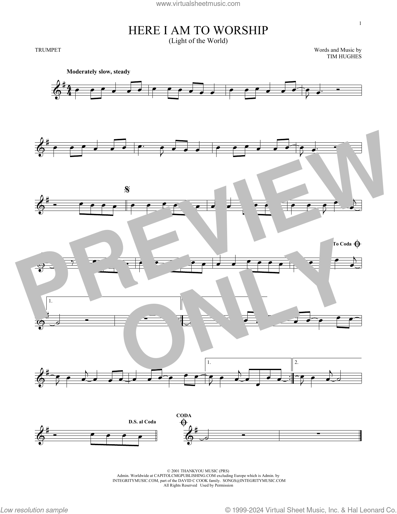 Here I Am To Worship (Light Of The World) sheet music for trumpet solo