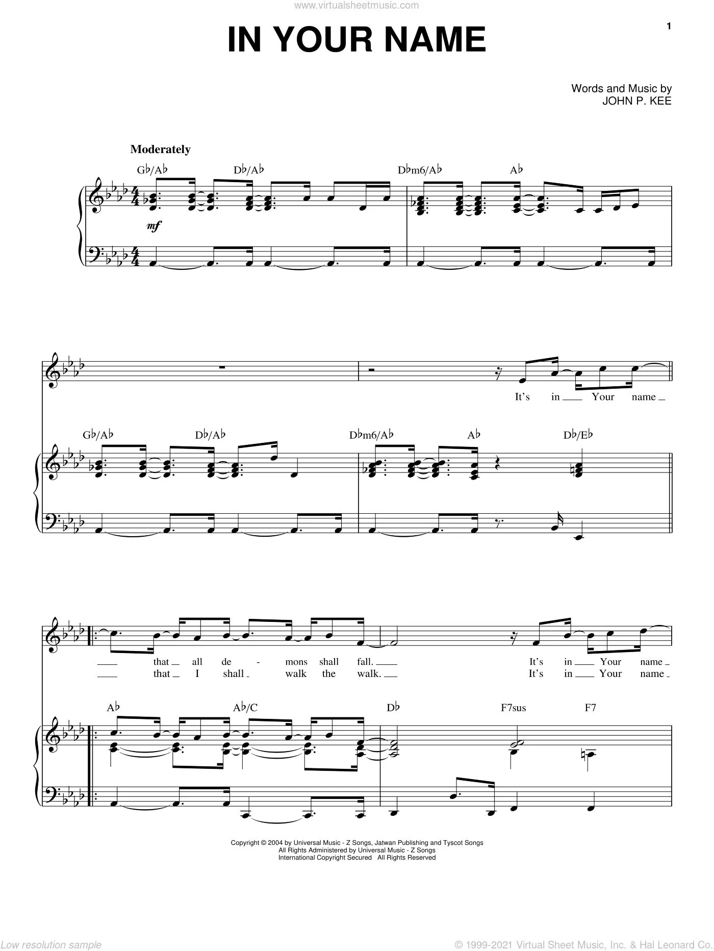 In Your Name sheet music for voice, piano or guitar (PDF)