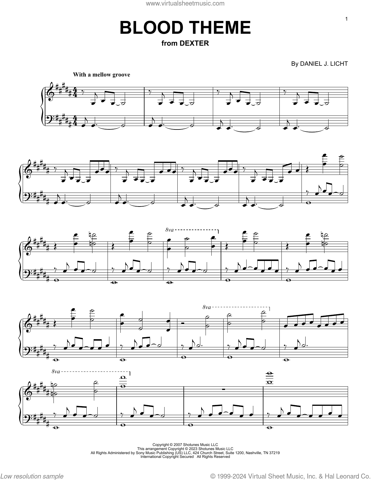 Blood Theme (from Dexter) sheet music for piano solo (PDF)