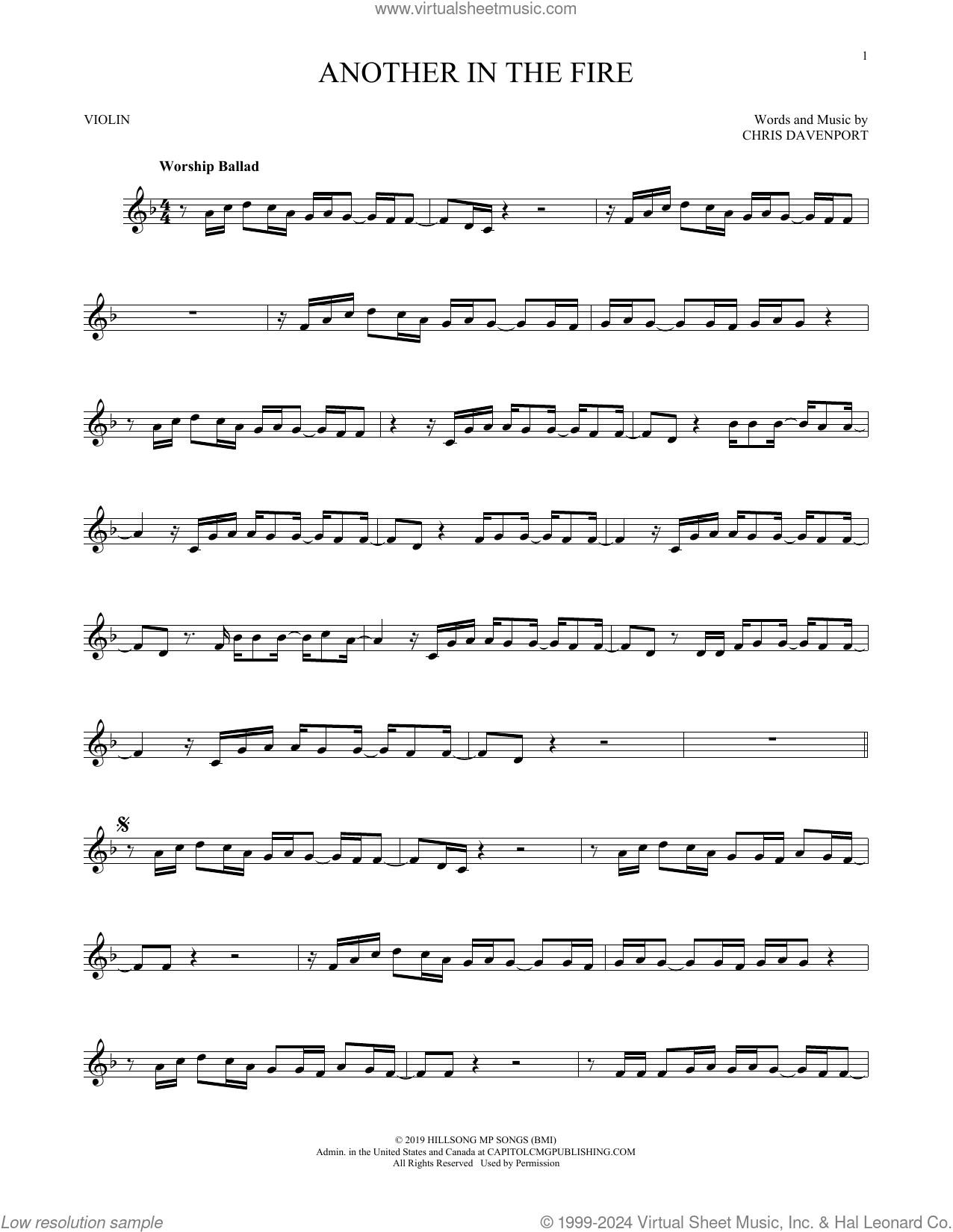 Another In The Fire sheet music for violin solo (PDF-interactive)