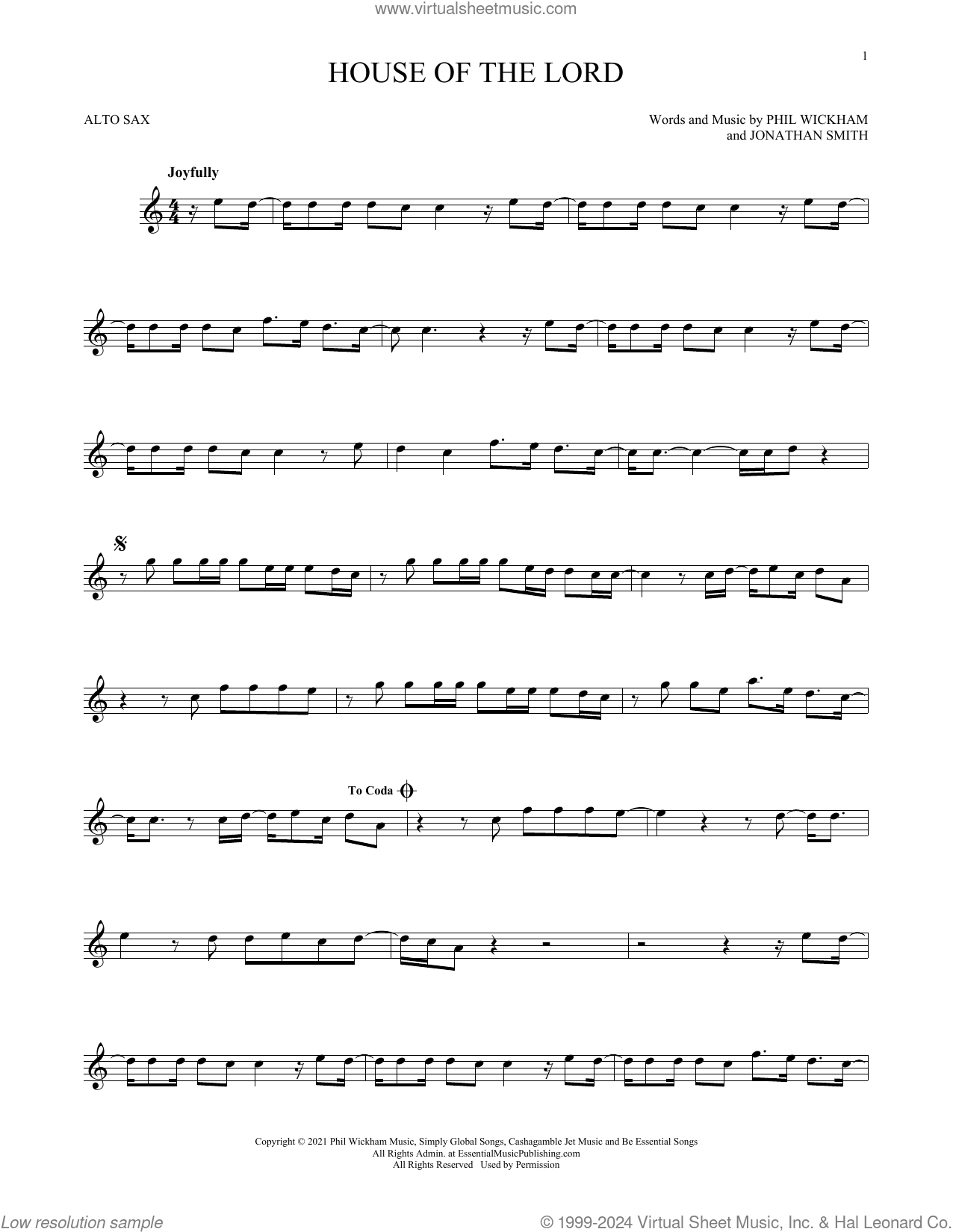 House Of The Lord sheet music for alto saxophone solo (PDF)