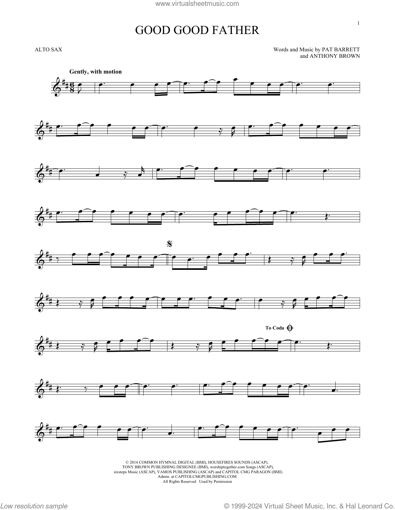 Good Good Father sheet music for alto saxophone solo (PDF)