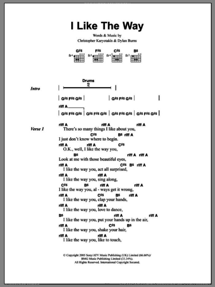I Like The Way sheet music for guitar (chords) (PDF)