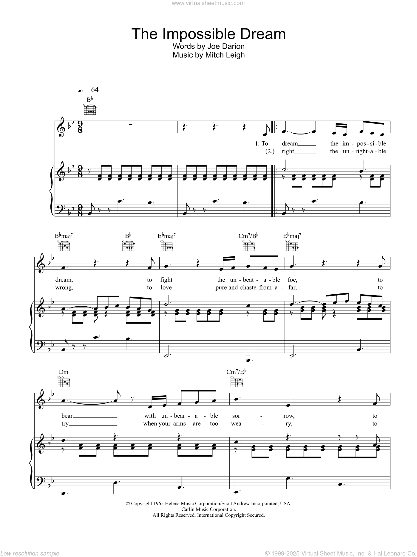 The Impossible Dream sheet music for voice, piano or guitar (PDF)