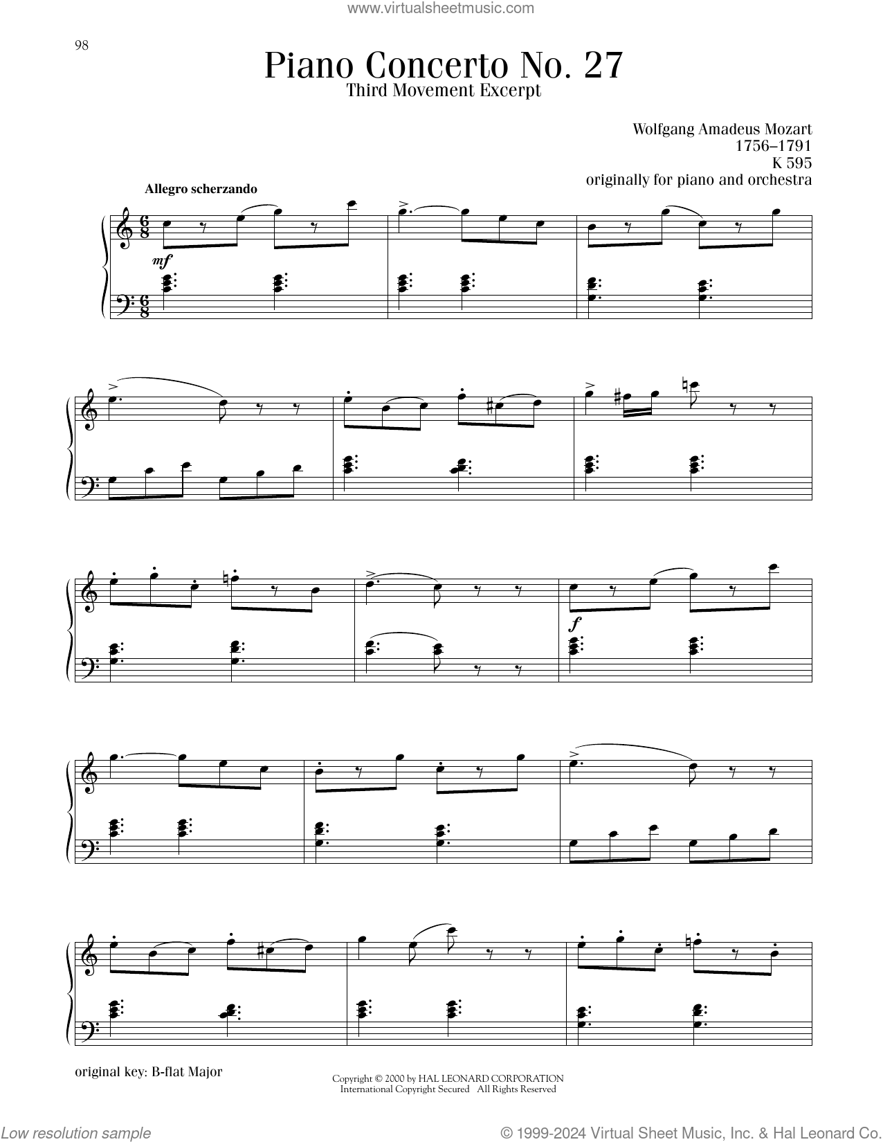 Mozart: Piano Concerto No. 27, Third Movement Excerpt sheet music for piano solo