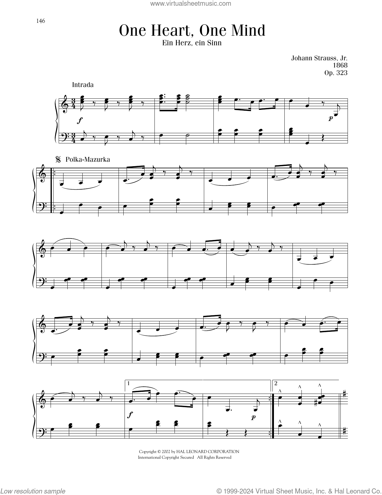 One Heart, One Mind, Op. 323 sheet music for piano solo v2