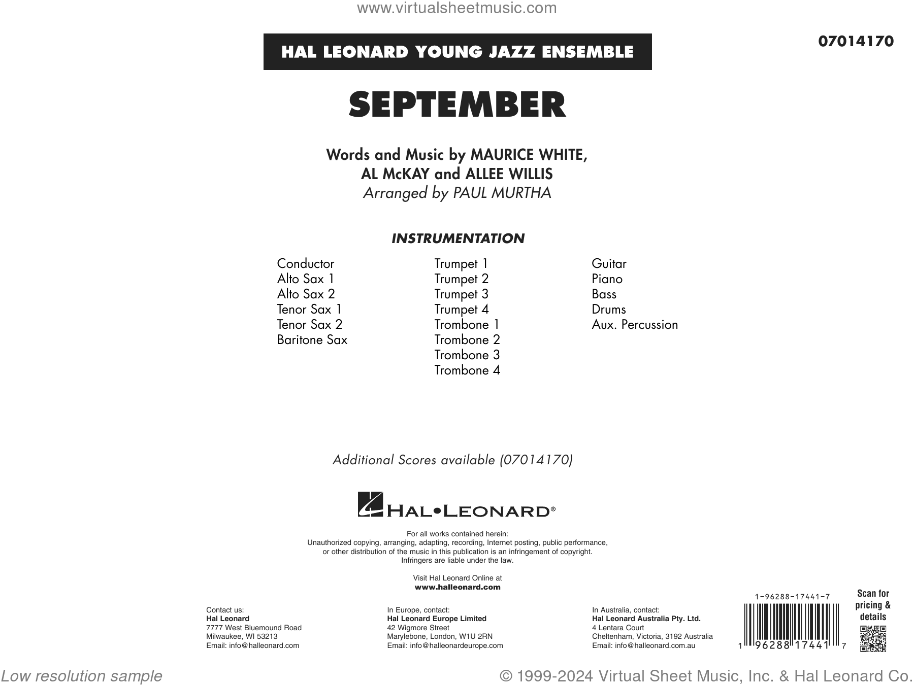 September (arr. Paul Murtha) sheet music (complete collection) for jazz band