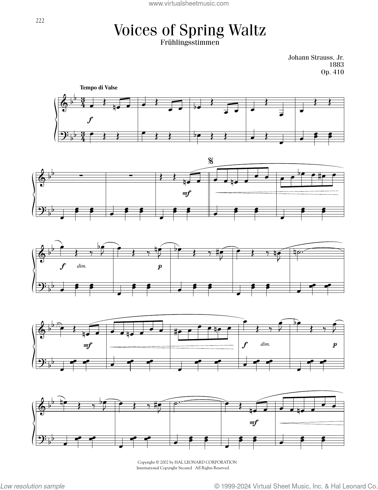 Voices Of Spring Waltz, Op. 410 sheet music for piano solo (PDF)