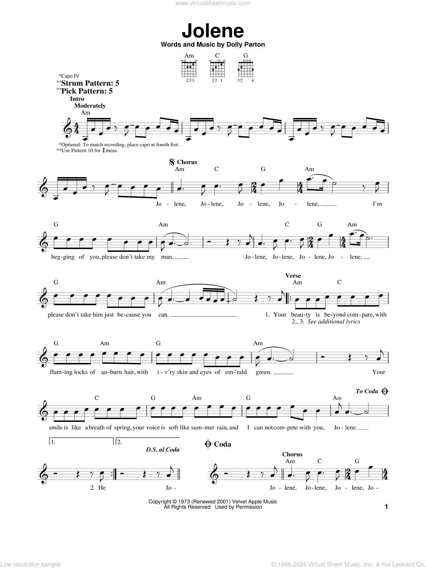 Jolene sheet music (easy) for guitar solo (chords) (PDF)