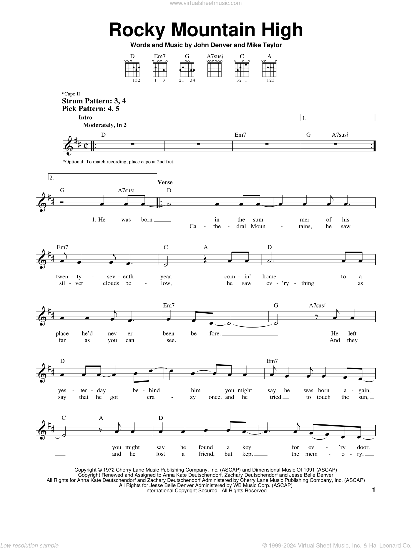 Rocky Mountain High sheet music (easy) for guitar solo (chords)