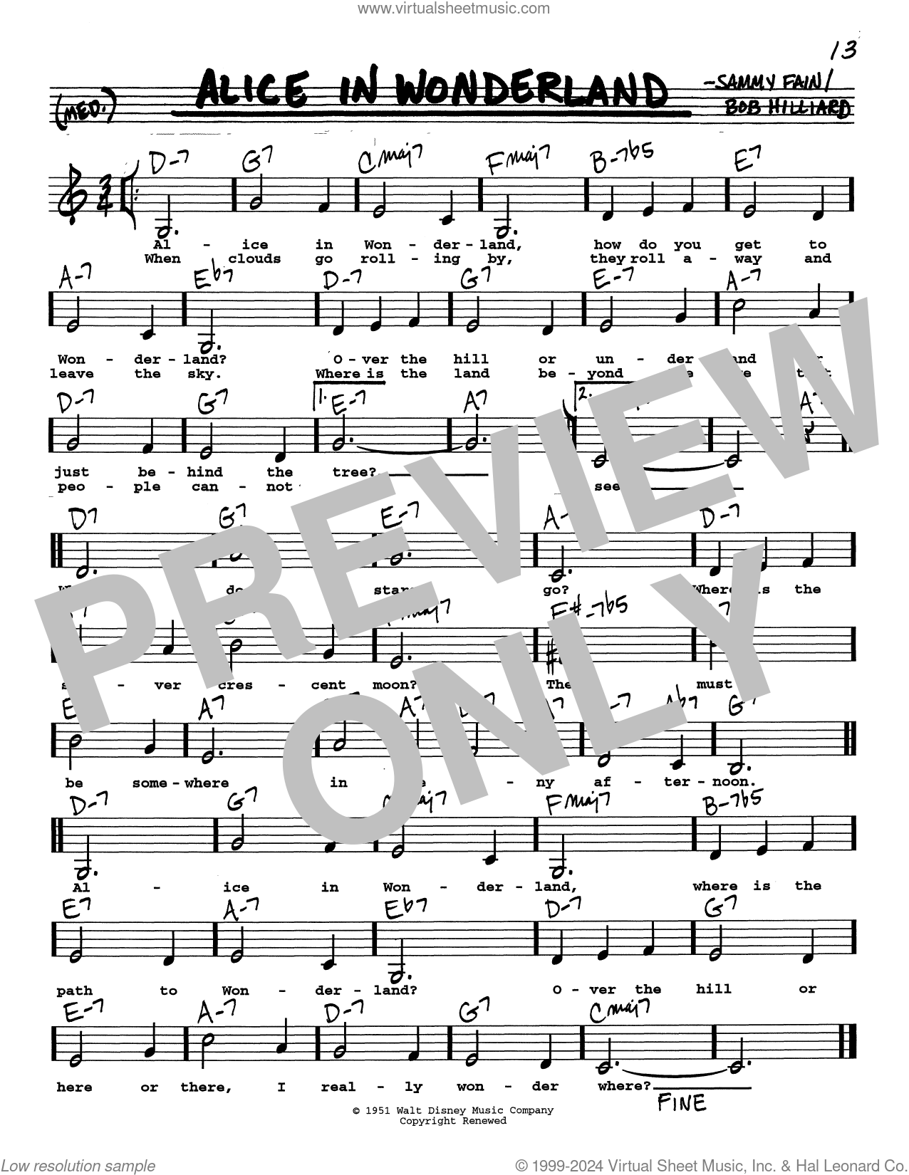 Alice In Wonderland (Low Voice) sheet music (real book with lyrics)