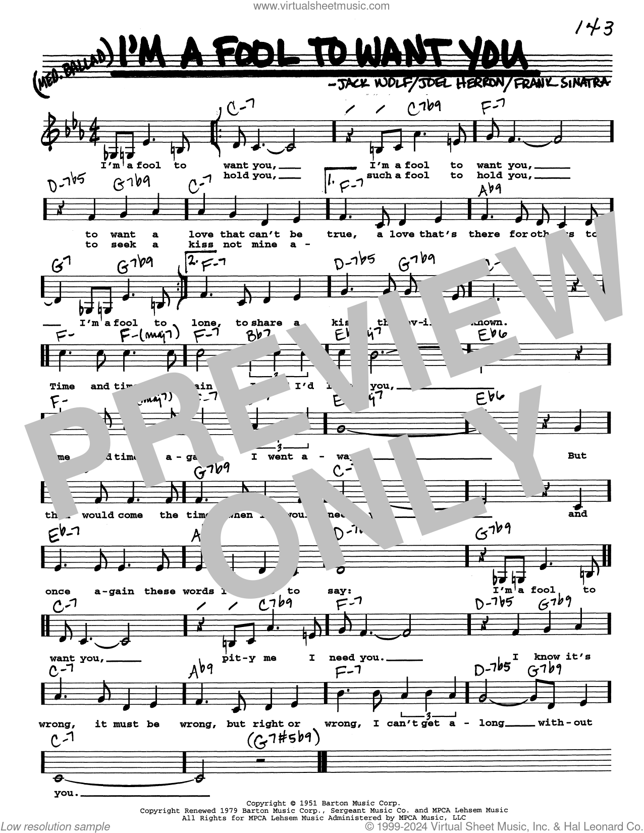 I'm A Fool To Want You (Low Voice) sheet music (real book with lyrics)