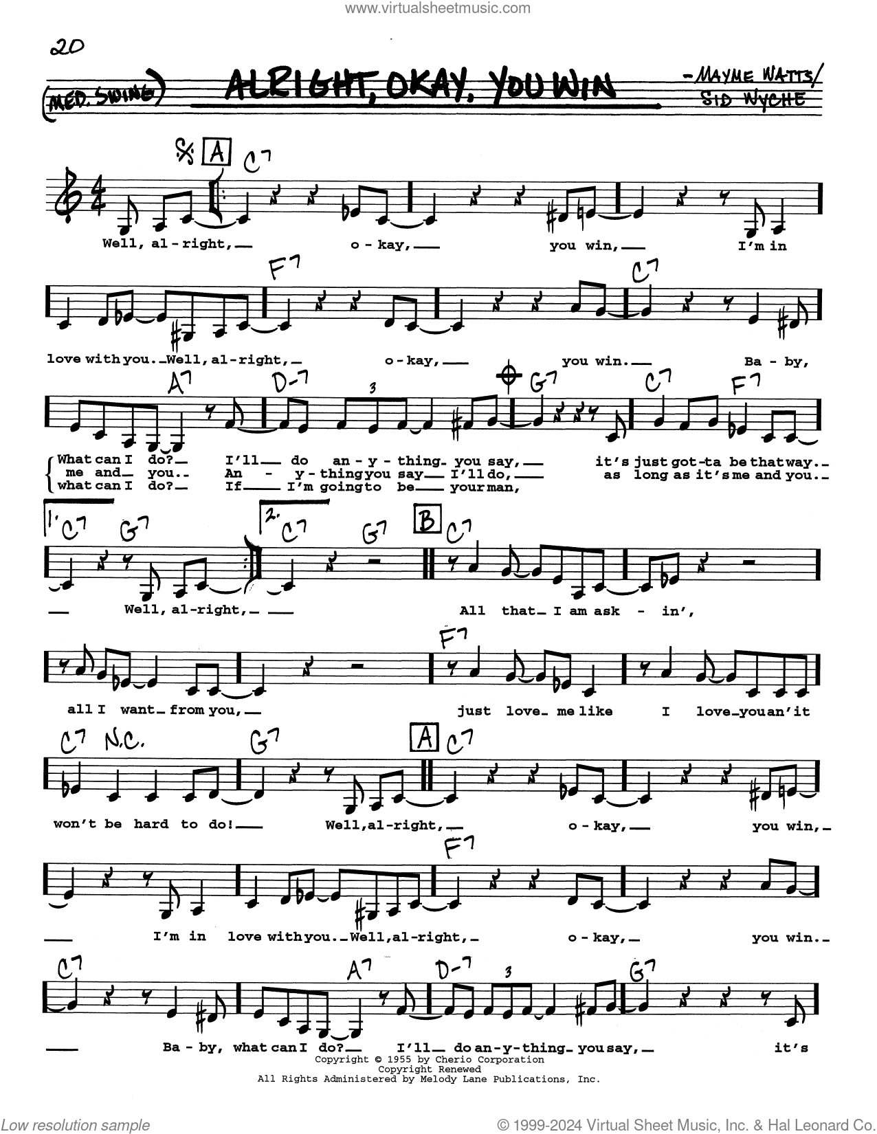 Alright, Okay, You Win (Low Voice) sheet music (real book with lyrics)