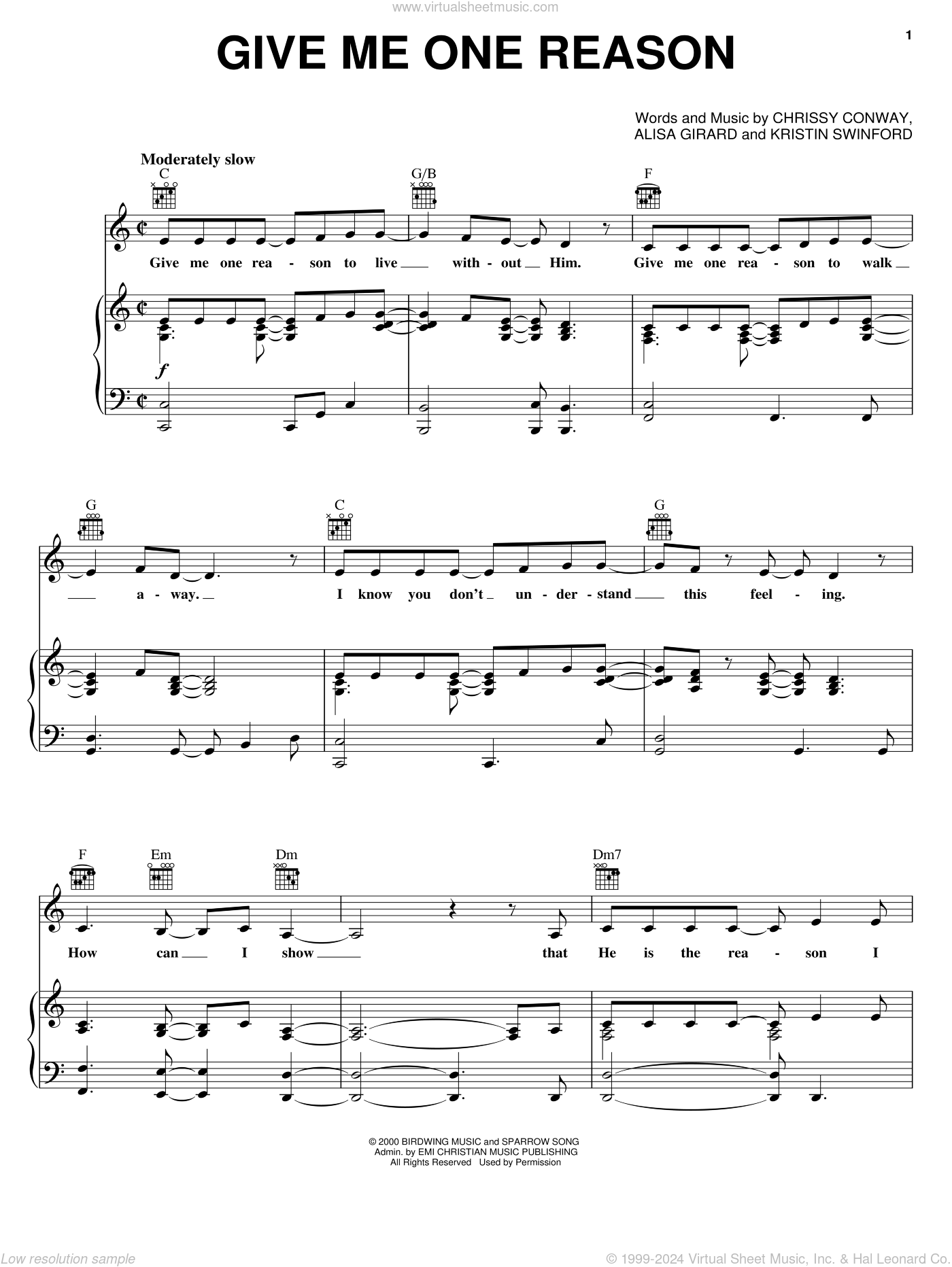 ZOEgirl: Give Me One Reason sheet music for voice, piano or guitar