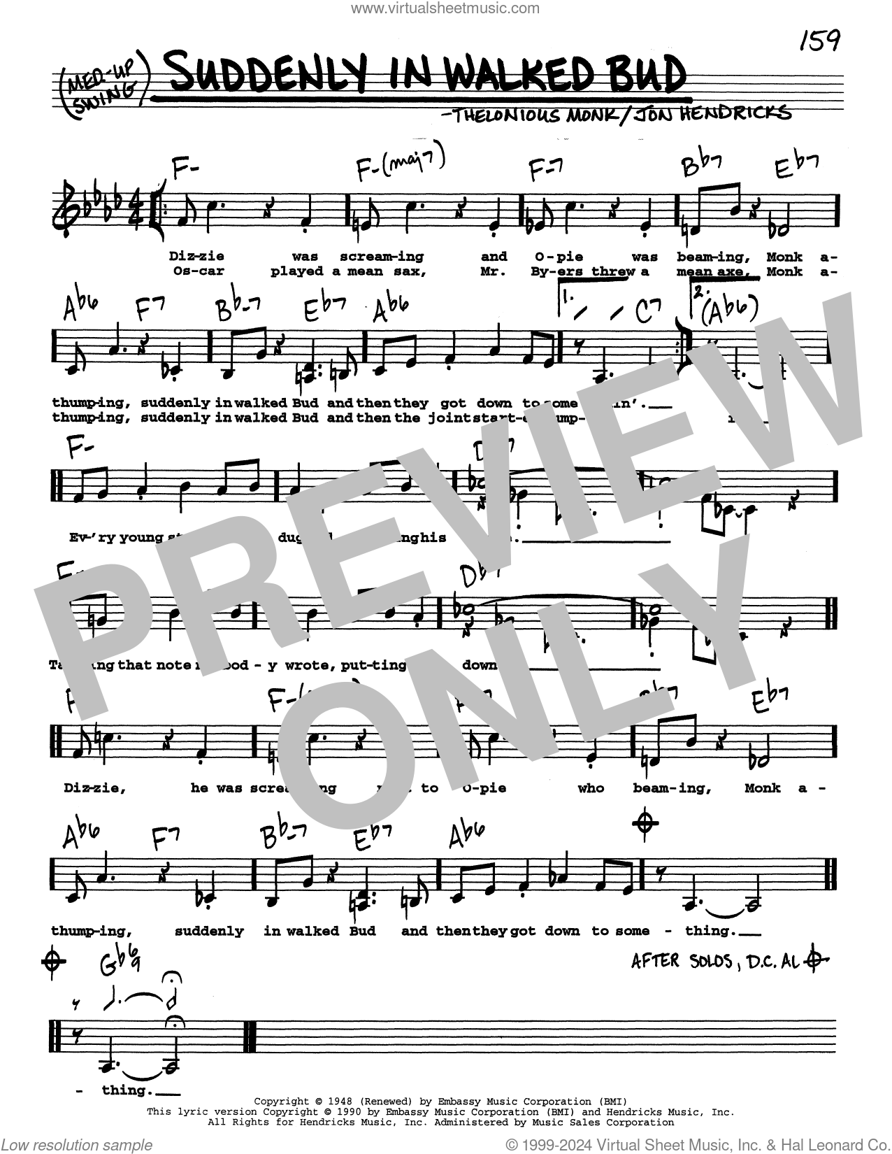 In Walked Bud (Low Voice) sheet music (real book with lyrics)