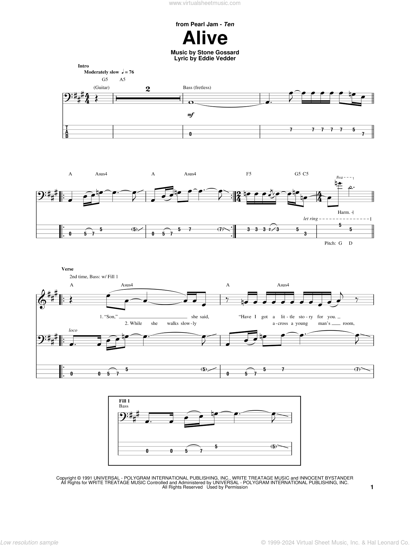Alive sheet music for bass (tablature) (bass guitar) (PDF)