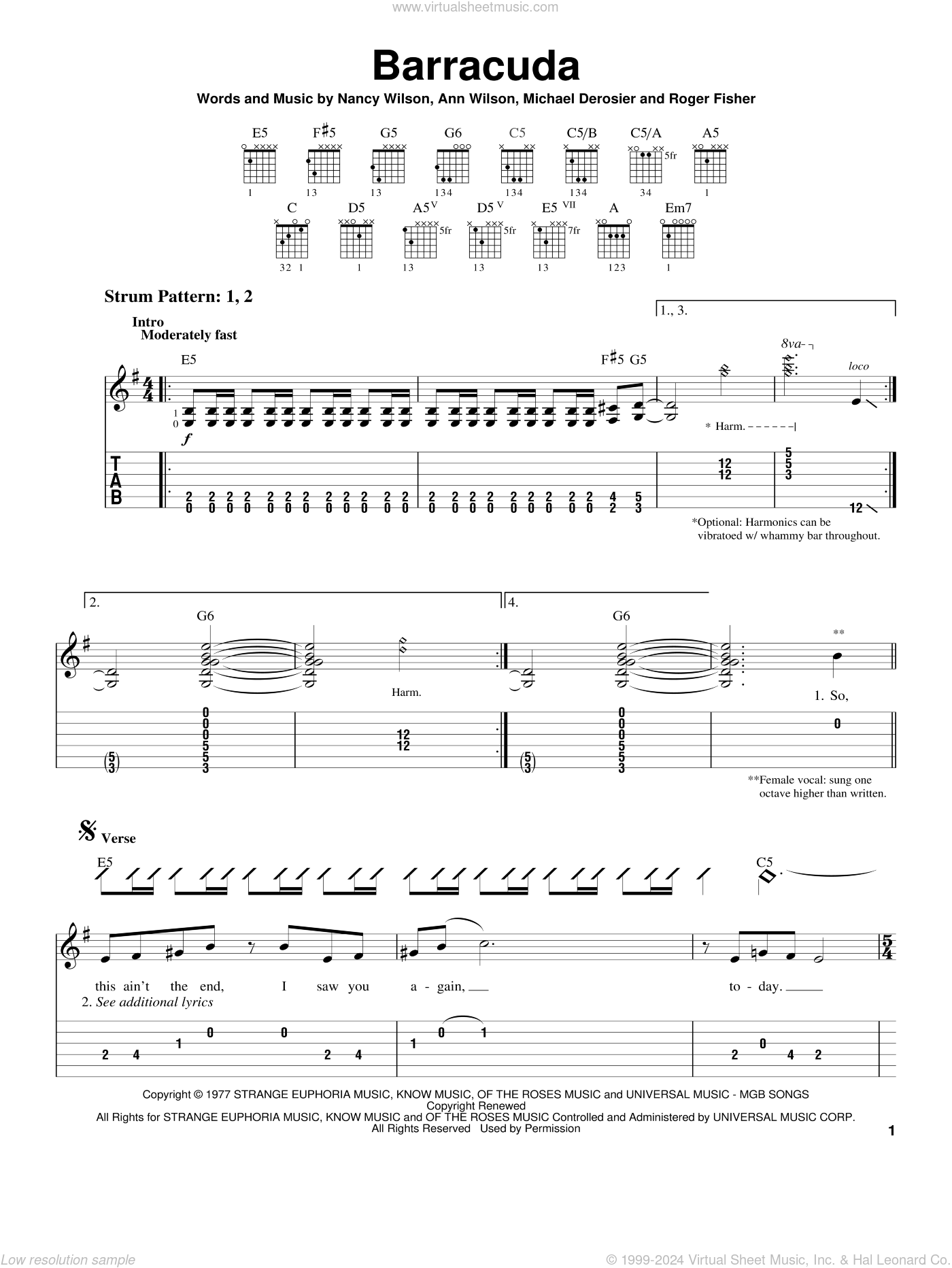 Barracuda sheet music for guitar solo (easy tablature) v2