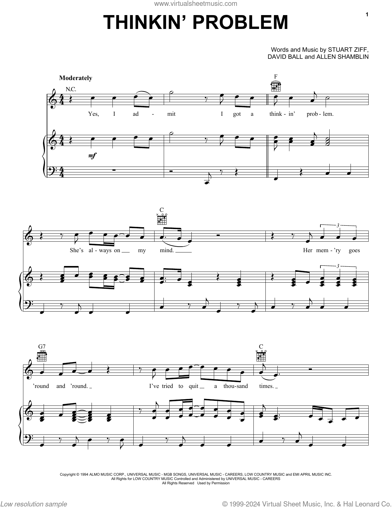 Thinkin' Problem sheet music for voice, piano or guitar (PDF)