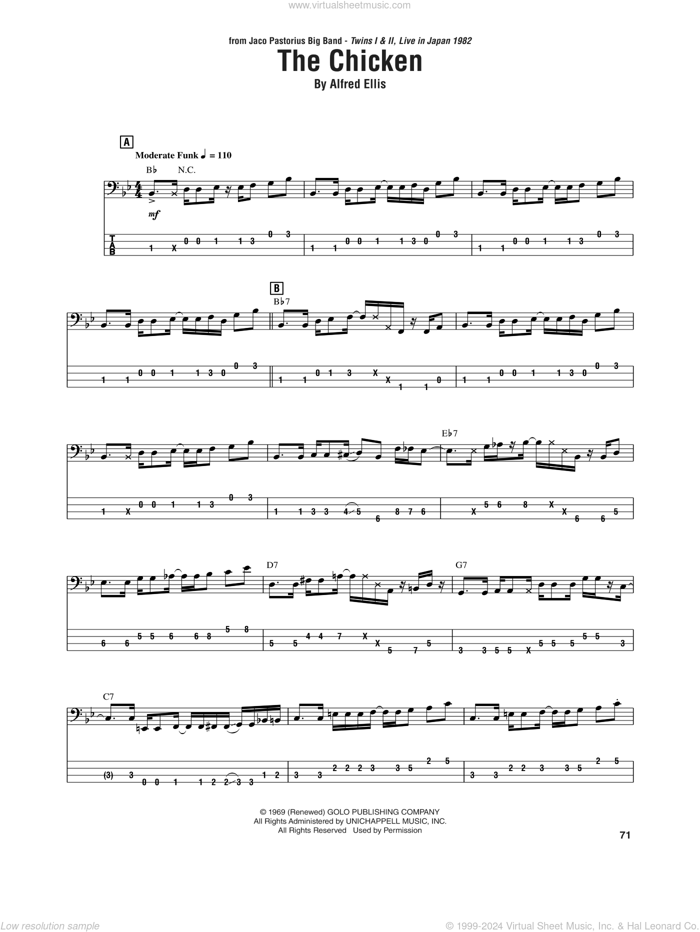 The Chicken sheet music for bass (tablature) (bass guitar) (PDF)